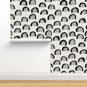 Spoonflower Monochrome Black And White Fruit Abstract Minimal 100% Natural Sisal Grasscloth Wallcovering - Black,white