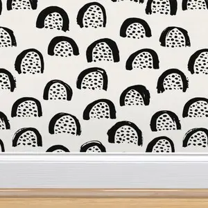 Spoonflower Monochrome Black And White Fruit Abstract Minimal 100% Natural Sisal Grasscloth Wallcovering - Black,white