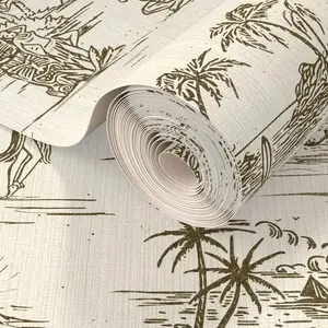 Spoonflower Vintage Hawaiian Paradise Dark Brown On Off White 100% Natural Sisal Grasscloth Wallcovering Brown