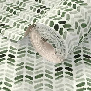 Spoonflower Watercolor Herringbone Forest 100% Natural Sisal Grasscloth Wallcovering - Green