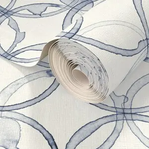 Spoonflower Watercolor Rings Navy 100% Natural Sisal Grasscloth Wallcovering - Navy,blue