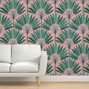 Spoonflower Mod Travellers Palms On Geometric Pink Wave Grid 100% Natural Sisal Grasscloth Wallcovering - Pink,green