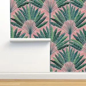 Spoonflower Mod Travellers Palms On Geometric Pink Wave Grid 100% Natural Sisal Grasscloth Wallcovering - Pink,green