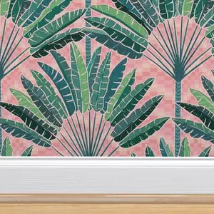 Spoonflower Mod Travellers Palms On Geometric Pink Wave Grid 100% Natural Sisal Grasscloth Wallcovering - Pink,green