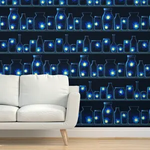 Spoonflower Lightning Bugs Blue Yellow Teal Fireflies Custom Pre-pasted Wallpaper