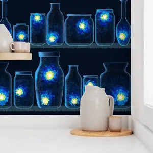 Spoonflower Lightning Bugs Blue Yellow Teal Fireflies Custom Pre-pasted Wallpaper