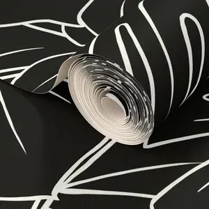 Spoonflower Monstera White On Black Jumbo 100% Natural Sisal Grasscloth Wallcovering - Black,white