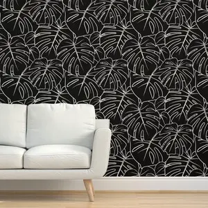 Spoonflower Monstera White On Black Jumbo 100% Natural Sisal Grasscloth Wallcovering