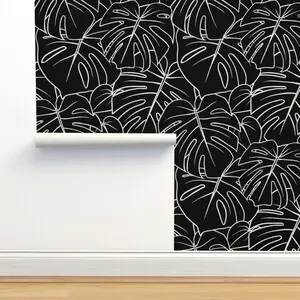 Spoonflower Monstera White On Black Jumbo 100% Natural Sisal Grasscloth Wallcovering