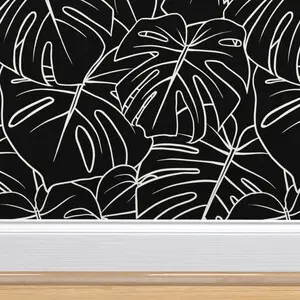 Spoonflower Monstera White On Black Jumbo 100% Natural Sisal Grasscloth Wallcovering