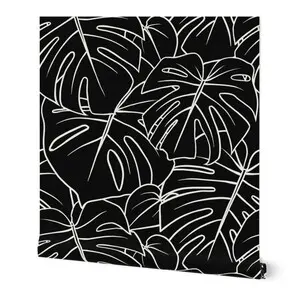Spoonflower Monstera White On Black Jumbo 100% Natural Sisal Grasscloth Wallcovering