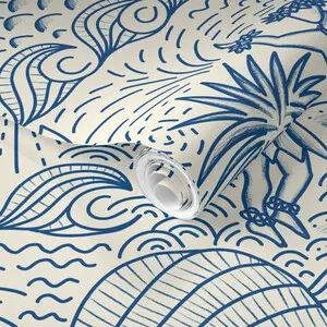 Spoonflower Nature Hawaii Ocean Toile Male Hula Dancer Custom Pre-pasted Wallpaper - Blue
