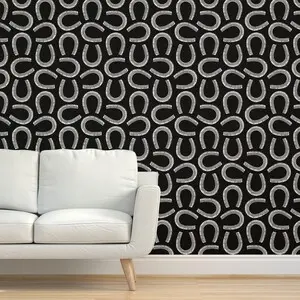 Spoonflower Western Horseshoes Black & White Pattern With 100% Natural Sisal Grasscloth Wallcovering