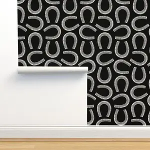 Spoonflower Western Horseshoes Black & White Pattern With 100% Natural Sisal Grasscloth Wallcovering
