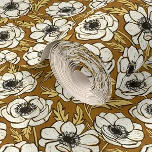 Spoonflower Chalk Anemones In Caramel And Rust Small 100% Natural Sisal Grasscloth Wallcovering - White