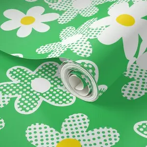 Spoonflower Groovy Retro Daisies Custom Pre-pasted Wallpaper - Green