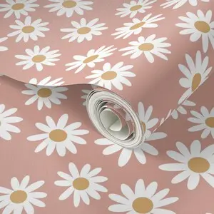 Spoonflower Brown Daisies Mauve Rust Daisy Terracotta Apricot Custom Pre-pasted Wallpaper - Pink,beige,brown