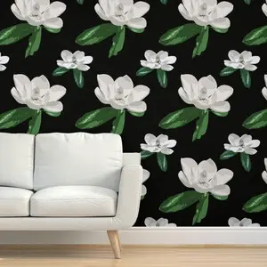 Spoonflower Black White Green Flowers Trees Large Custom Pre-pasted Wallpaper