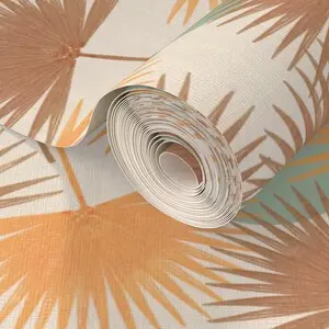 Spoonflower Brown Ferns With A Green Sun 100% Natural Sisal Grasscloth Wallcovering - Green,brown
