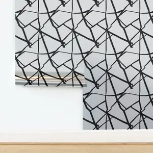 Spoonflower Curtains Linear Currents Ink Lines Black White Custom Pre-pasted Wallpaper - Black,white,gray