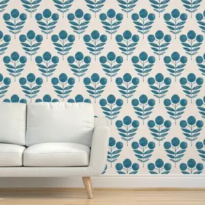 Spoonflower Mina's Mod Blooms Simple Block In 100% Natural Sisal Grasscloth Wallcovering