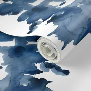 Spoonflower Ink Blot Paint Brush Stroke Ikat Blue And Green Custom Removable Wallpaper - Blue,white,gray