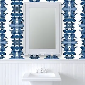 Spoonflower Ink Blot Paint Brush Stroke Ikat Blue And Green Custom Removable Wallpaper - Blue,white,gray