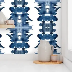 Spoonflower Ink Blot Paint Brush Stroke Ikat Blue And Green Custom Removable Wallpaper - Blue,white,gray