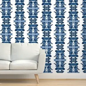 Spoonflower Ink Blot Paint Brush Stroke Ikat Blue And Green Custom Removable Wallpaper - Blue,white,gray