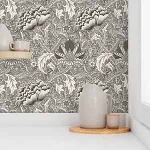 Spoonflower Windrush Victorian Botanical Traditional Wallpaper - Gray