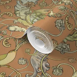 Spoonflower Vintage Leaves Floral Nature Victorian Decorative Custom Pre-pasted Wallpaper - Tan