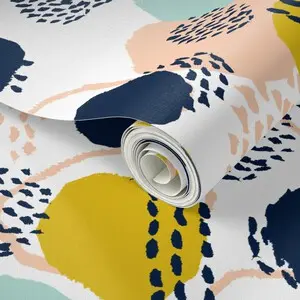 Spoonflower Abstract Painted Dots Navy Blue Peach Gold Mint Custom Removable Wallpaper - Blue,yellow,green