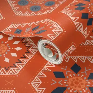 Spoonflower Bohemian Boho Red Hexagonal Geo Bold Geometric Custom Removable Wallpaper - Orange,blue,gray