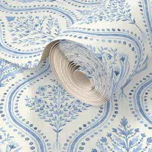 Spoonflower Monticello Cobalt On White 100% Natural Sisal Grasscloth Wallcovering - Blue