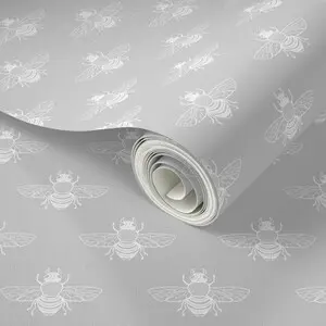 Spoonflower Grey Neutral Insect Silver Bee Winged Honeybee Custom Pre-pasted Wallpaper - Gray,white