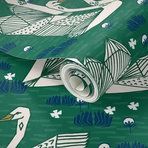 Spoonflower Bird Green Swan Swans Emerald Custom Pre-pasted Wallpaper Green,gray,mint