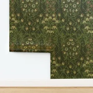 Spoonflower William Morris Hollyhock And Sweet Pea Custom Pre-pasted Wallpaper - Blue