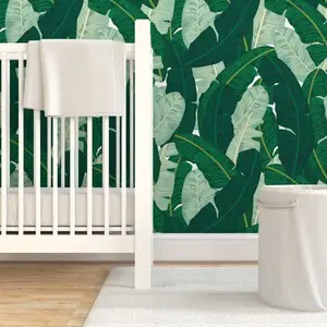 Spoonflower Leaves Preppy Tropical Bohemian Botanical Custom Pre-pasted Wallpaper - Green
