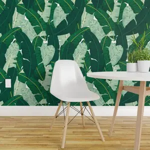 Spoonflower Leaves Preppy Tropical Bohemian Botanical Custom Pre-pasted Wallpaper - Green