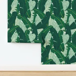 Spoonflower Leaves Preppy Tropical Bohemian Botanical Custom Pre-pasted Wallpaper - Green