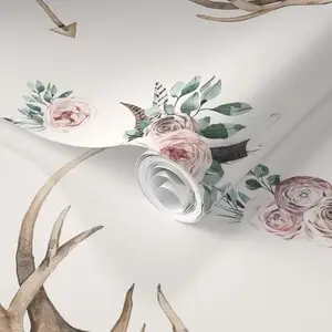 Spoonflower Modern Boho Floral Skull Blush Custom Pre-pasted Wallpaper - Gray