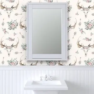 Spoonflower Modern Boho Floral Skull Blush Custom Pre-pasted Wallpaper