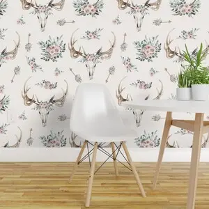 Spoonflower Modern Boho Floral Skull Blush Custom Pre-pasted Wallpaper