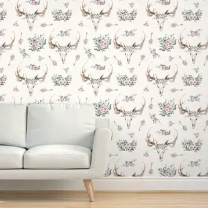 Spoonflower Modern Boho Floral Skull Blush Custom Pre-pasted Wallpaper