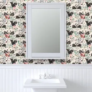 Spoonflower Fable Swan Damask Blush Black Floral Bird Spring Custom Removable Wallpaper - Black,gray