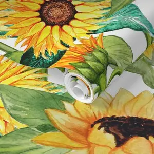 Spoonflower Yellow Sunflower Sunflowers Floral Flower Custom Pre-pasted Wallpaper - Yellow,green,gray