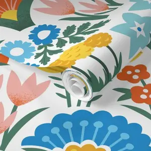 Spoonflower Mid Century Modern Vintage Retro Floral Flowers Custom Pre-pasted Wallpaper - Blue