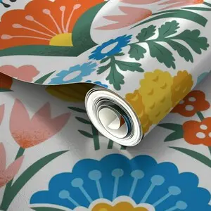 Spoonflower Mid Century Modern Vintage Retro Floral Flowers Custom Pre-pasted Wallpaper - Blue