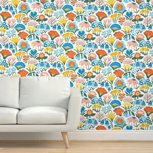 Spoonflower Mid Century Modern Vintage Retro Floral Flowers Custom Pre-pasted Wallpaper - Blue