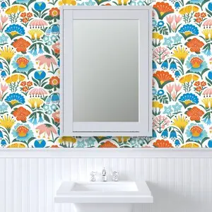 Spoonflower Mid Century Modern Vintage Retro Floral Flowers Custom Pre-pasted Wallpaper - Blue